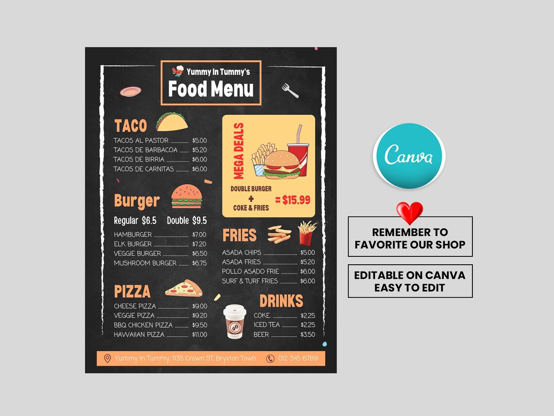 Restaurant Flyer, Food Menu Template, DIY Canva Price List Poster ...