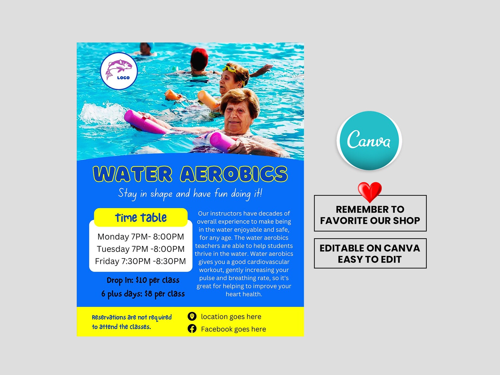 Water Aerobics Flyer Editable Flyer DIY Canva Template - Etsy
