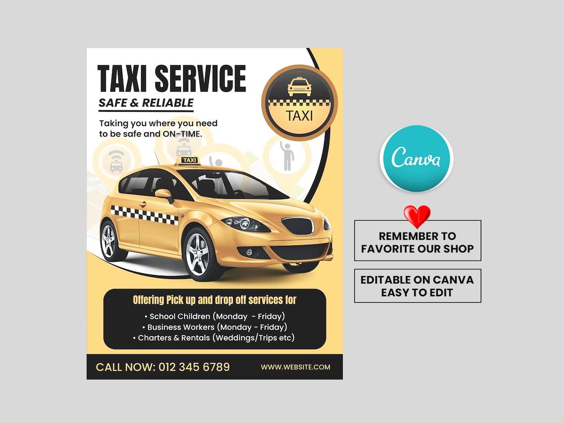 Taxi Service Flyer Cab Service Flyer DIY Canva Taxicab - Etsy