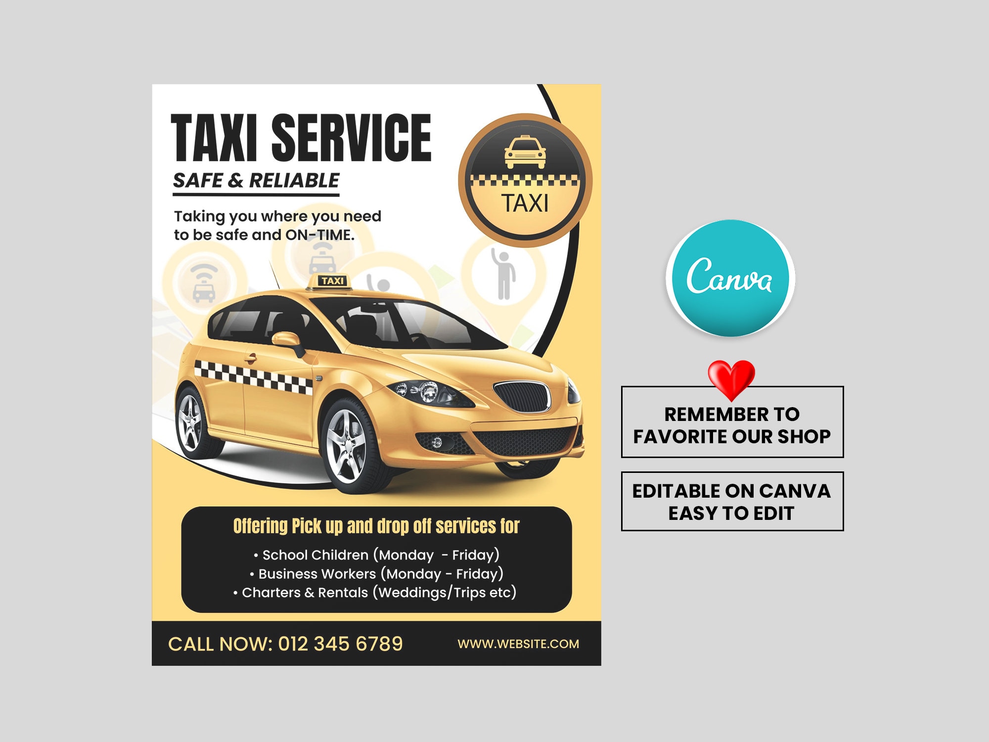 Taxi Service Flyer, Cab Service Flyer, DIY Canva Taxicab Service Poster ...