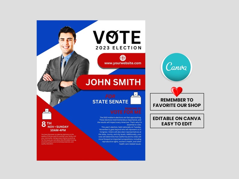 Election Flyer, Printable Election Card Design, DIY Canva Election ...