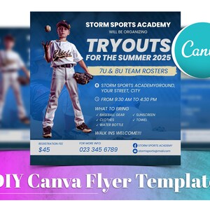 Baseball Tryouts Flyer, DIY Canva Baseball Camp Template, Editable ...
