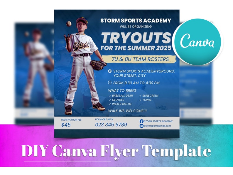 Baseball Tryouts Flyer, DIY Canva Baseball Camp Template, Editable ...