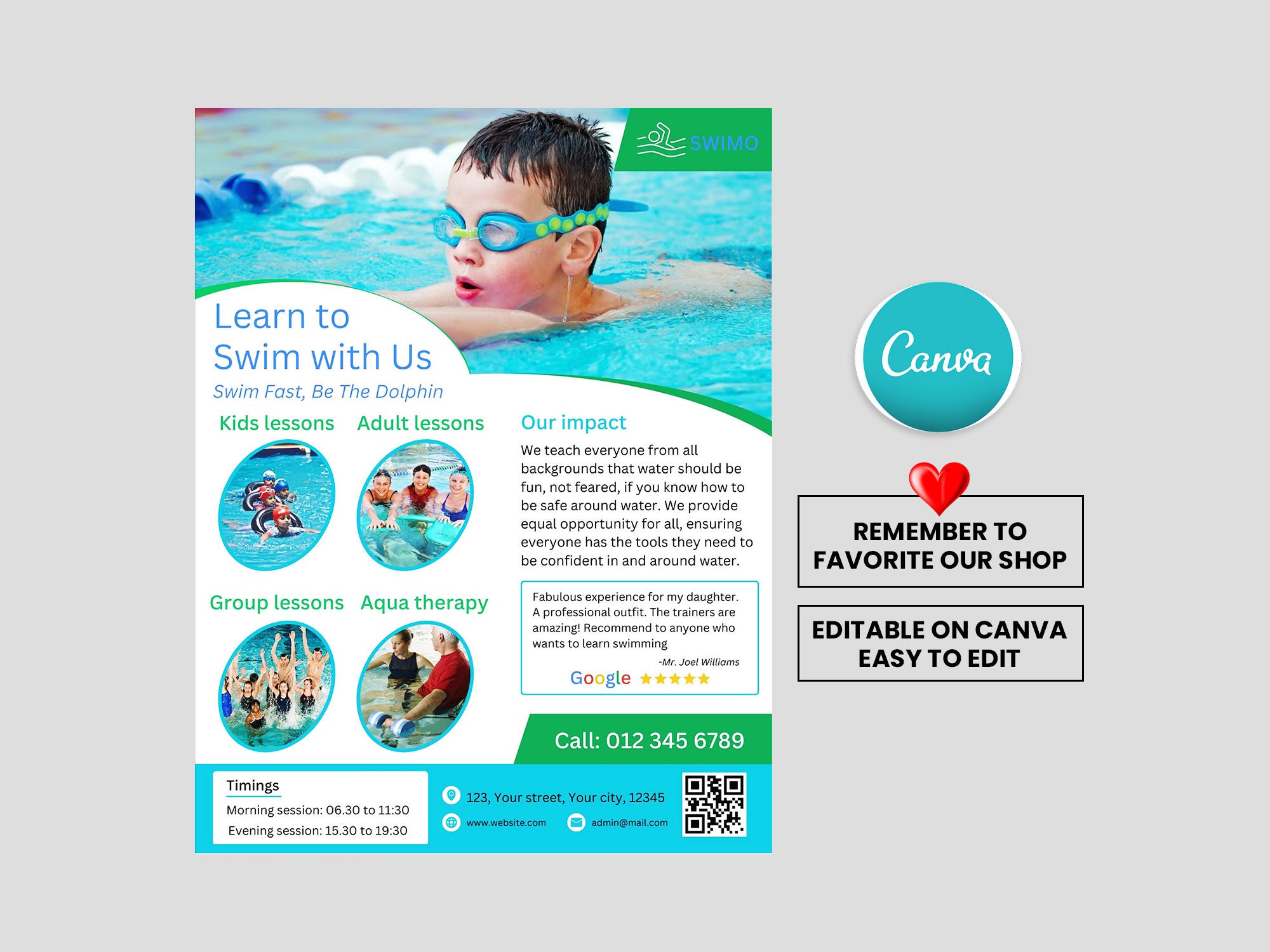 Swimming Lessons Flyer, Editable Flyer , Canva Template, Swimming ...