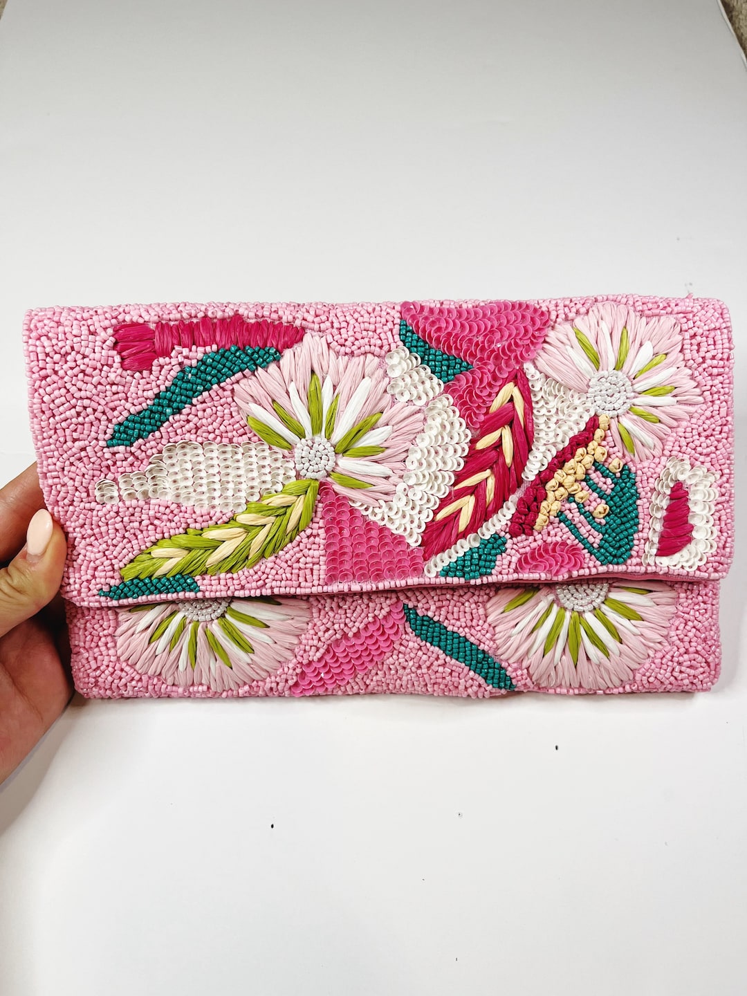 Embroidery Bag Clutch, Colorful Clutch, Pink Hand Beaded Embroidered ...