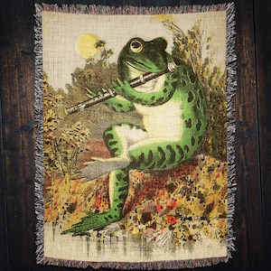 Flute Frog Woven Blanket: Vintage Folklore Decor, Cottagecore Tapestry ...