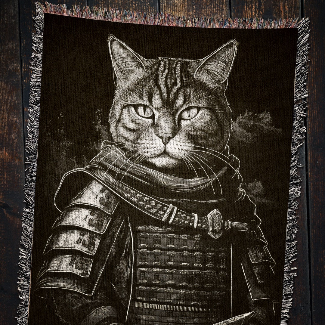 Vintage Japanese Samurai Cat Tapestry, Japan Folklore Cat Woven Blanket ...