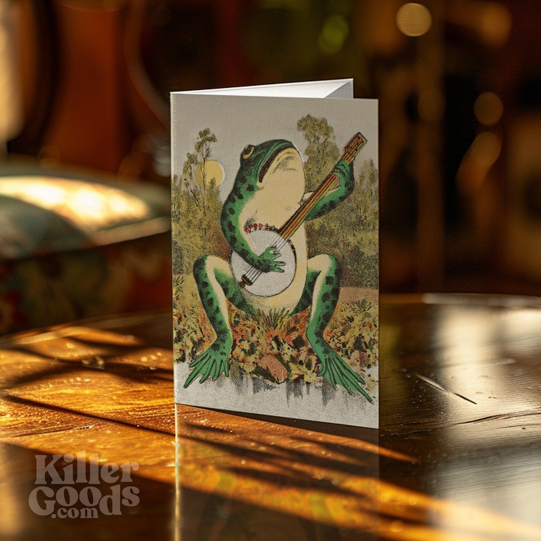 Banjo Frog Greeting Card - Handmade Birthday Card, Vintage Frog Meme ...