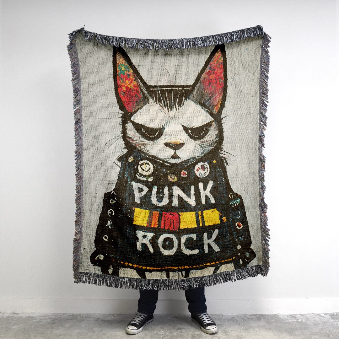 Punk Rock Cat Woven Blanket: Alley Cat in Leather Jacket - Etsy