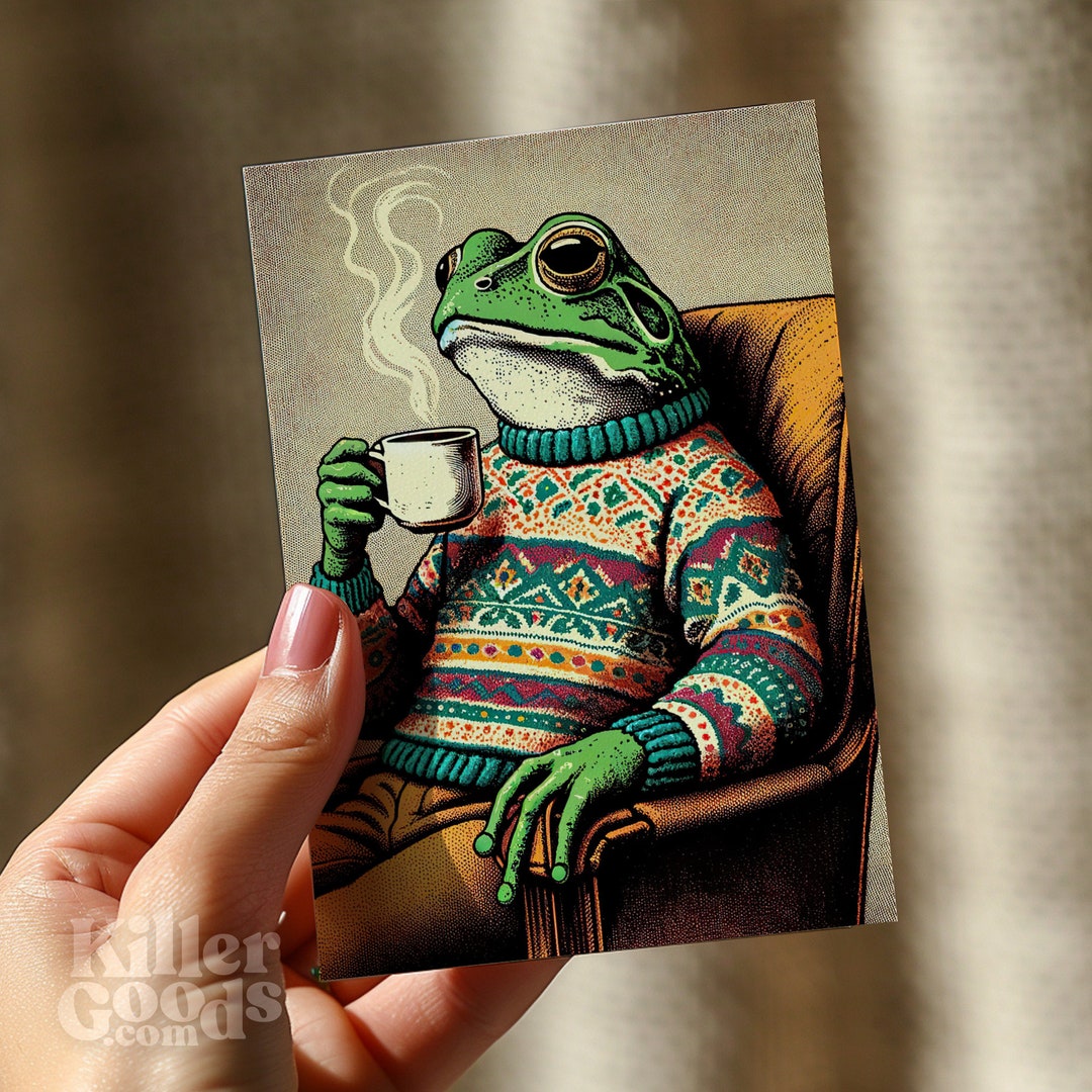 Cozy Frog Greeting Card - Handmade Birthday Card, Vintage Frog Meme ...