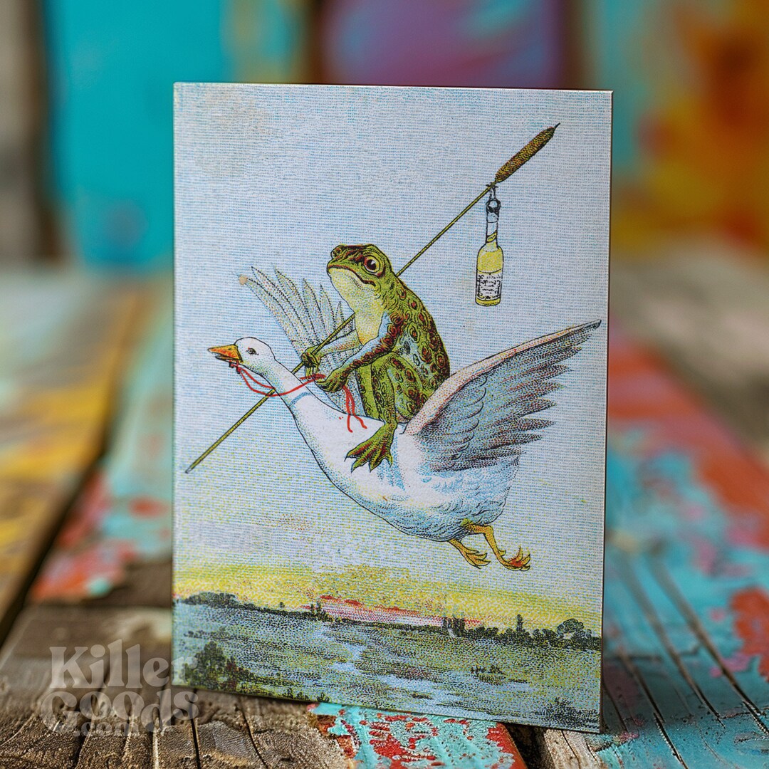 Riding Frog Greeting Card - Handmade Birthday Card, Vintage Frog Meme ...