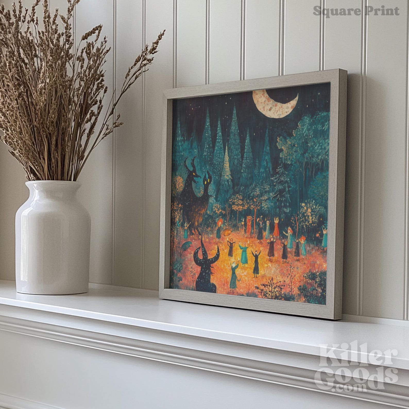 Halloween Art Print: Witches Dancing Under Moon, Spooky Forest Ritual ...