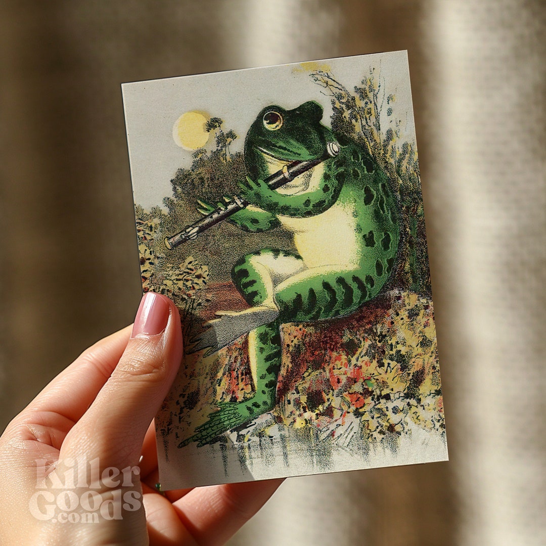 Flute Frog Greeting Card - Handmade Birthday Card, Vintage Frog Meme ...