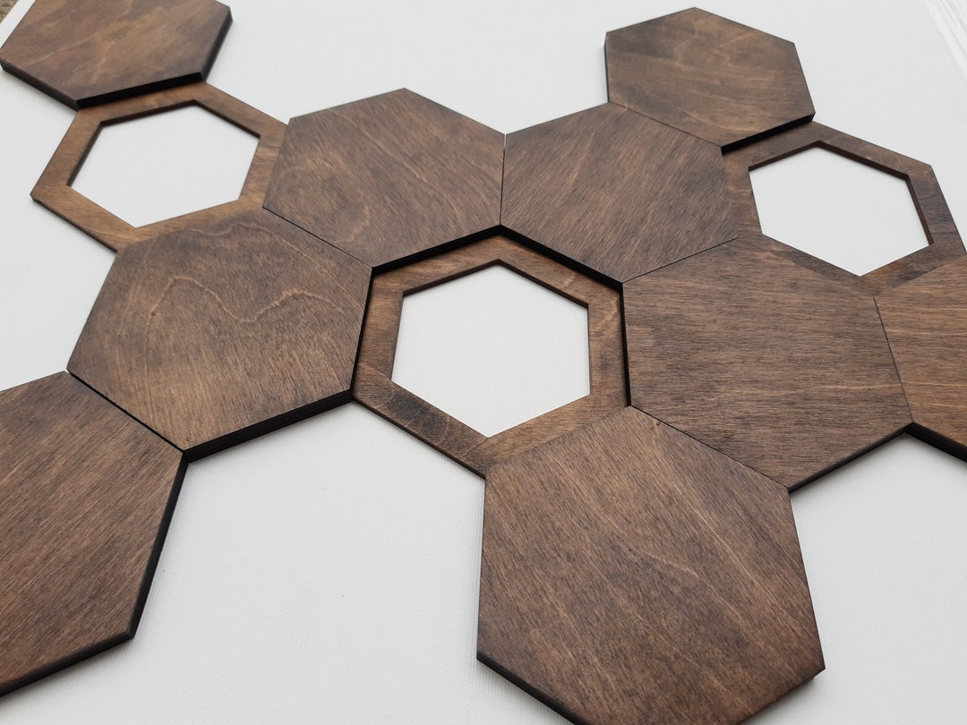 Geometric Wall Panel, 12 Hexagons Set, Tile Size - 4.3" X 5", Dark Wood ...