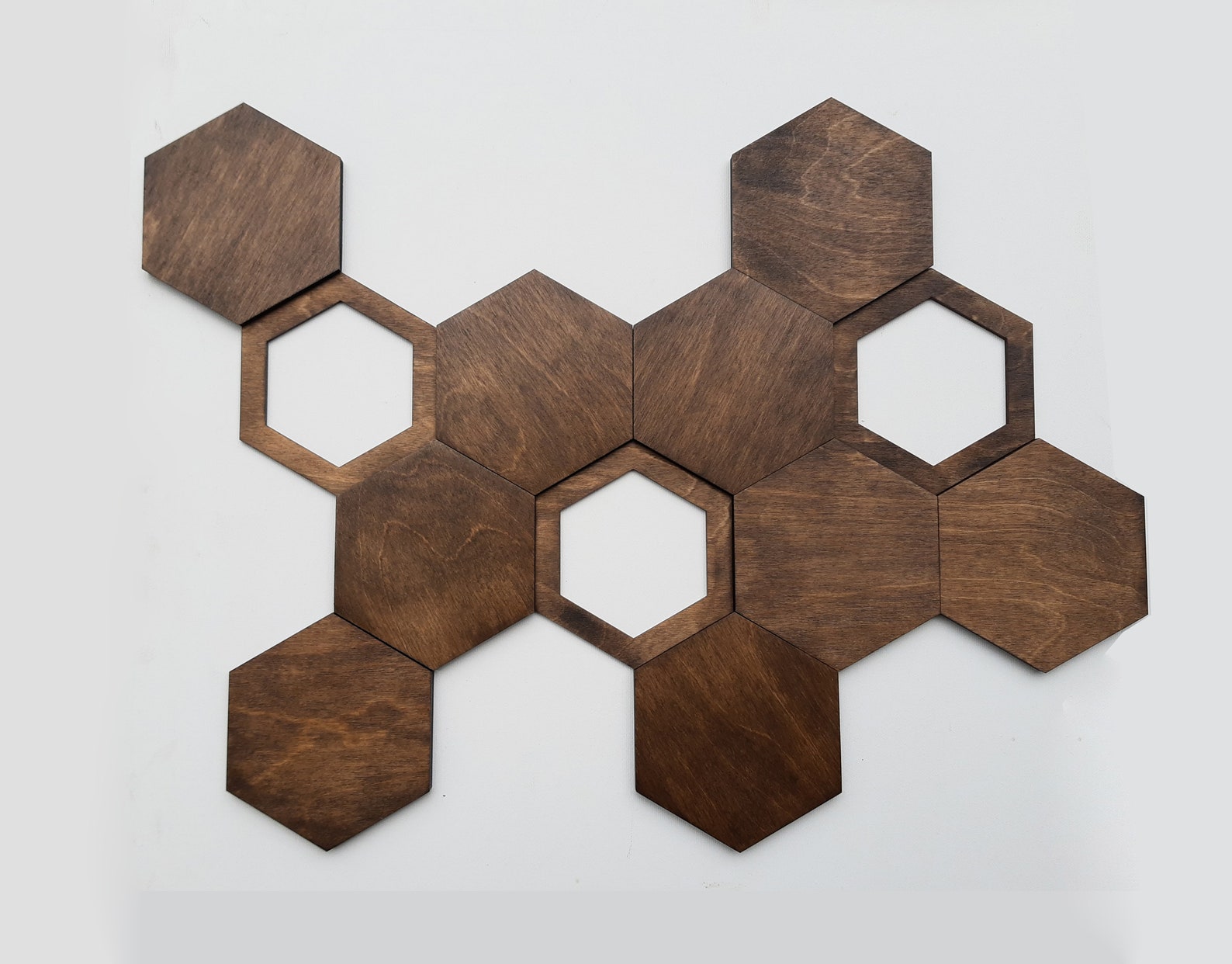 Geometric Wall Panel, 12 Hexagons Set, Tile Size - 4.3" X 5", Dark Wood ...