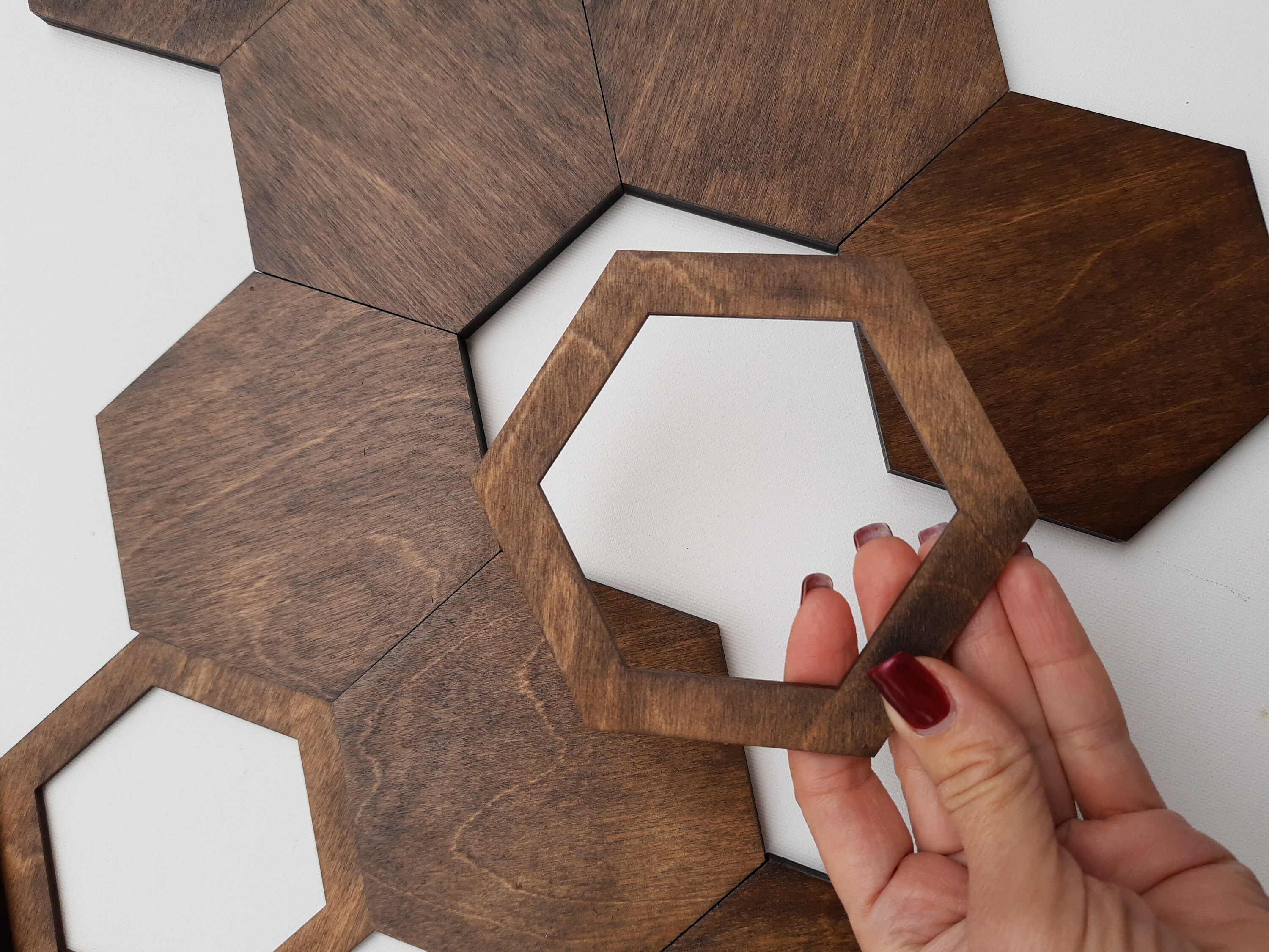 Geometric Wall Panel, 12 Hexagons Set, Tile Size - 4.3" X 5", Dark Wood ...