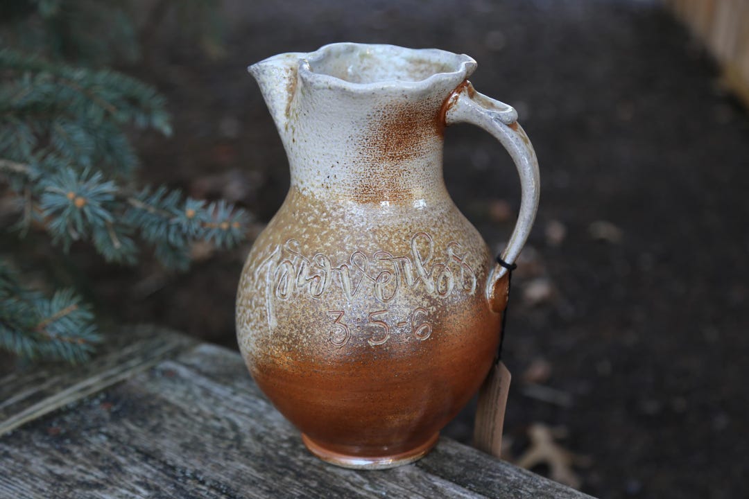 61 Oz Hand Carved Ceramic Pitcher Wheat Scripture Wood Fired Pottery ...