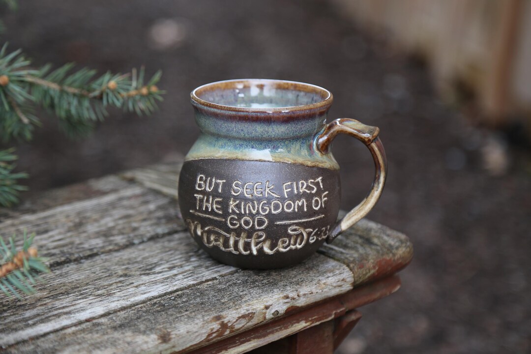 11-13oz Hand Carved Ceramic Brown Pottery Mug Scripture Verse ...