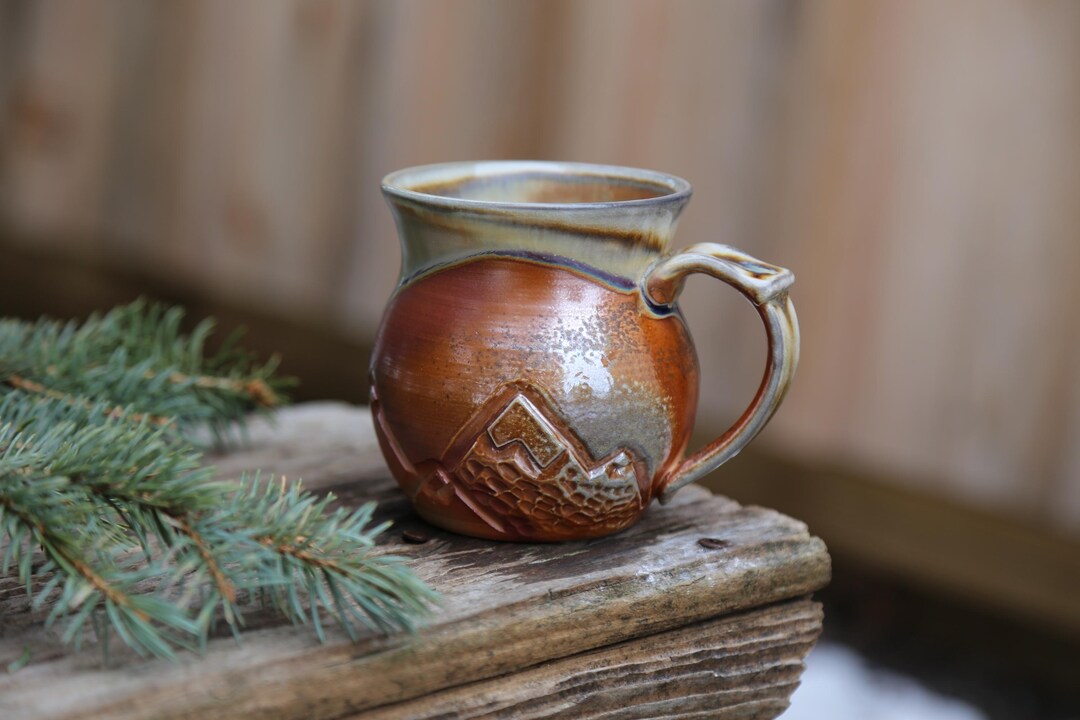 12-14oz Handcarved Ceramic Wood Fired Pottery Mug Explore Mountains ...