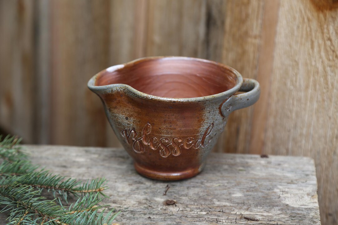 6.75” Wood Fired Ceramic Mixing Bowl Brown Pottery Dish Carved ...