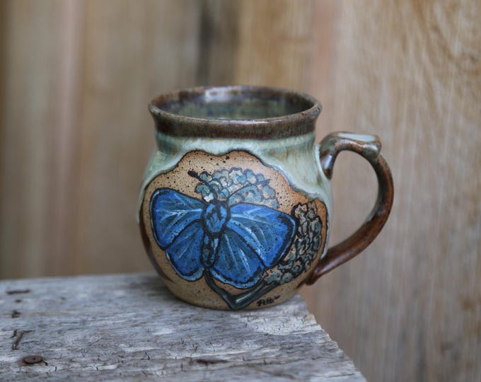 12-14oz Hand Painted Ceramic Pottery Butterfly Flower Mug Stoneware ...