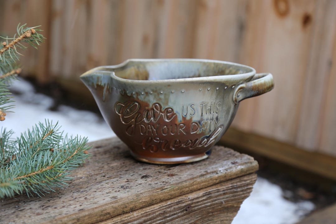 10.5” Wood Fired Ceramic Mixing Bowl Brown Pottery Dish Carved ...