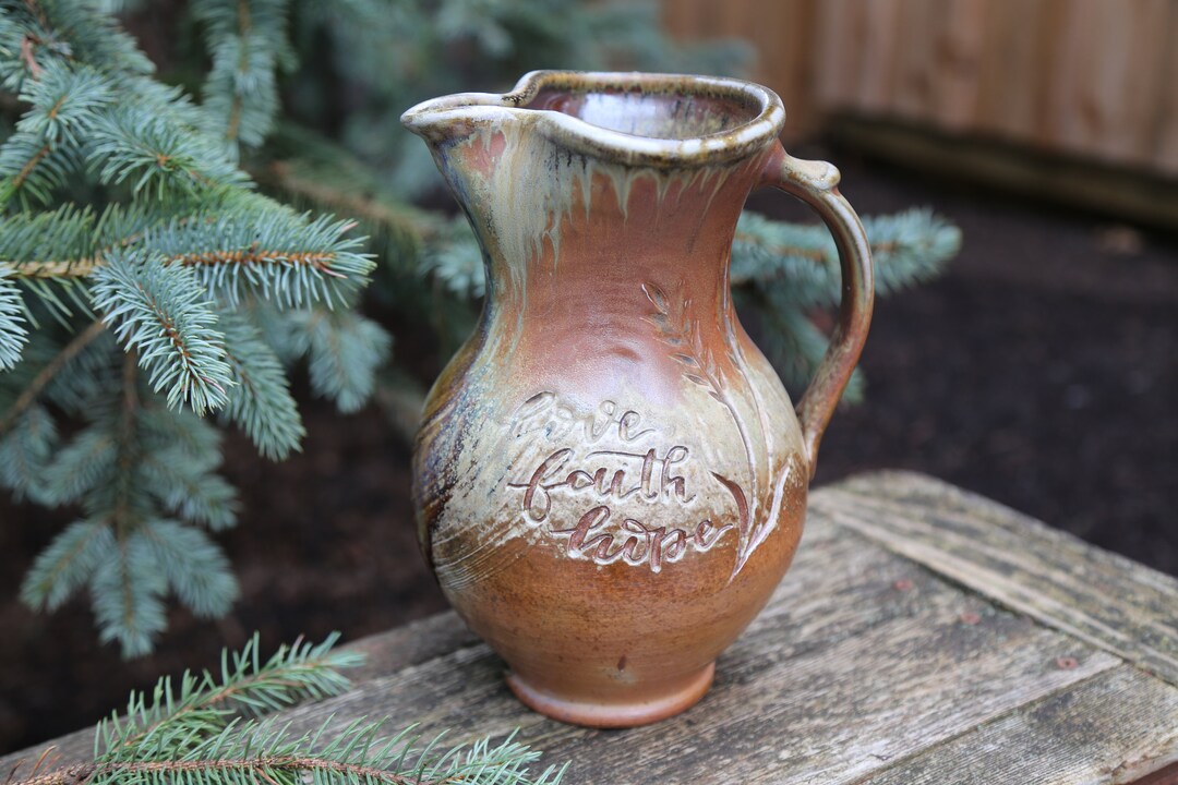 9 54oz Hand Carved Ceramic Pitcher Wheat Scripture Wood Fired Pottery ...