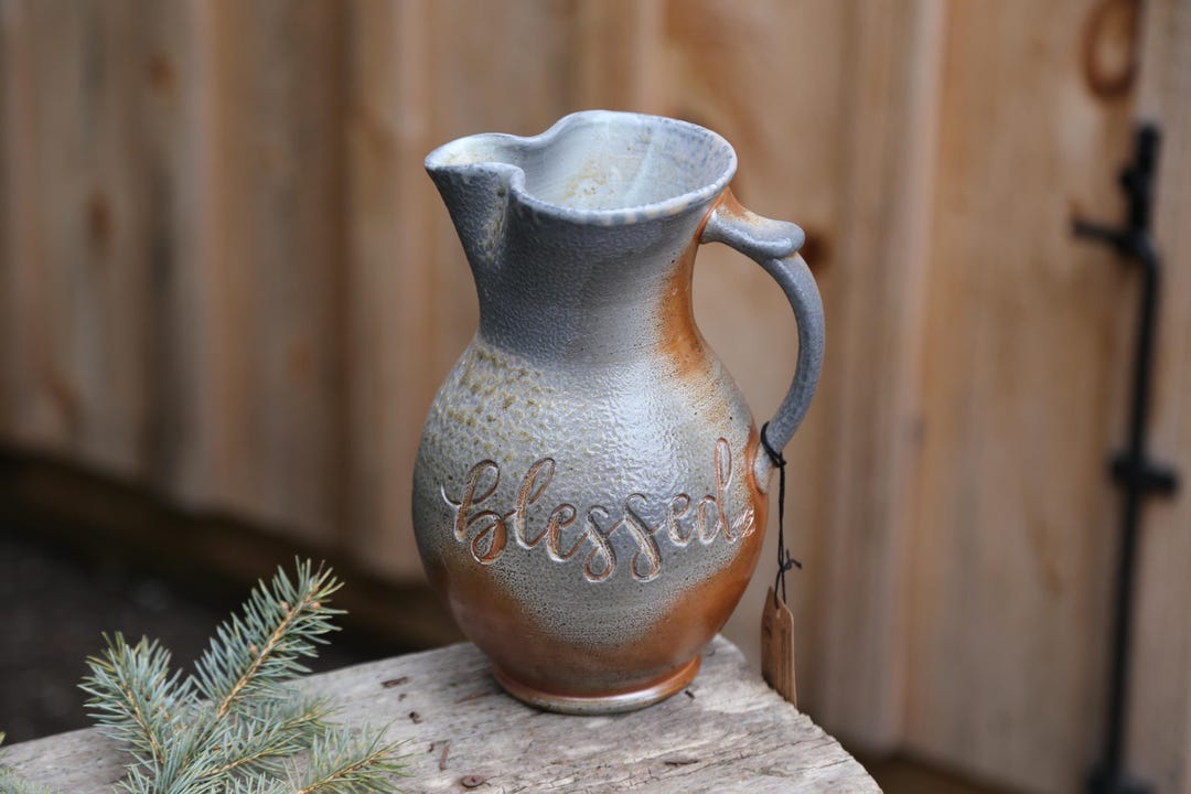 54 Oz Hand Carved Ceramic Pitcher Wheat Scripture Wood Fired Pottery ...