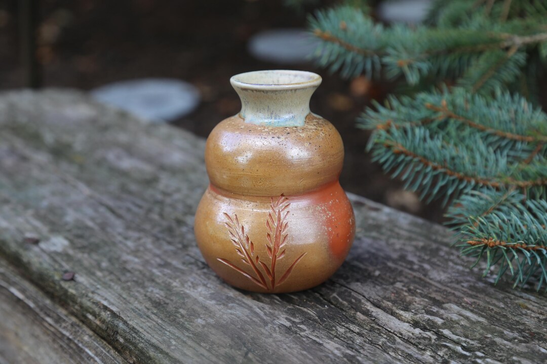 Small Mini Handcarved Ceramic Vase Wheat Harvest Wood Fired Pottery ...