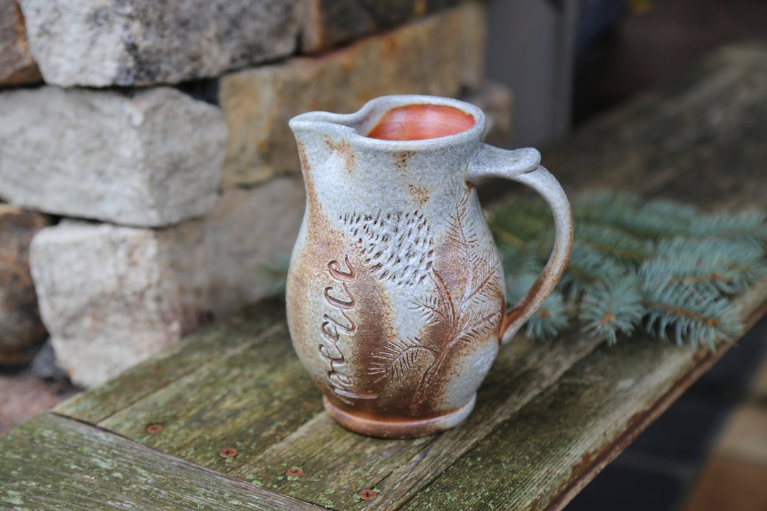 24oz Hand Carved Ceramic Pitcher Wheat Scripture Wood Fired Pottery ...