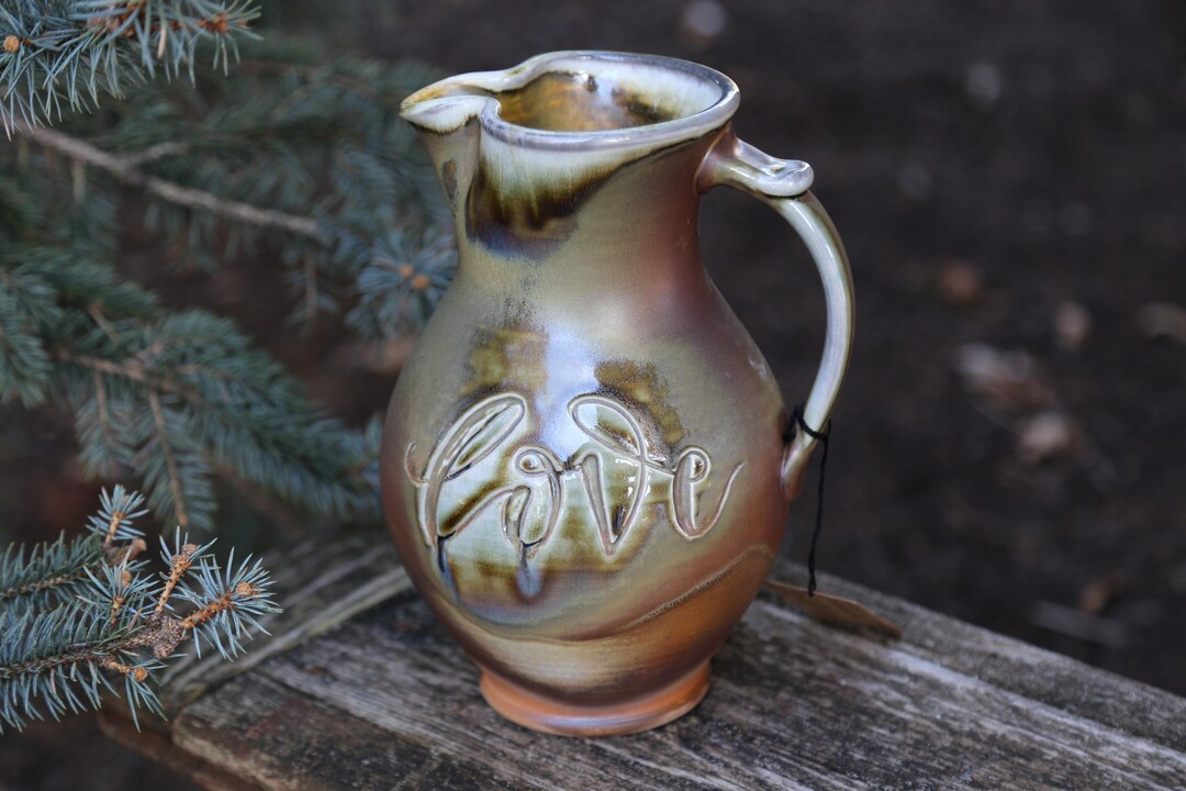 64 Oz Hand Carved Ceramic Pitcher Wheat Scripture Wood Fired Pottery ...