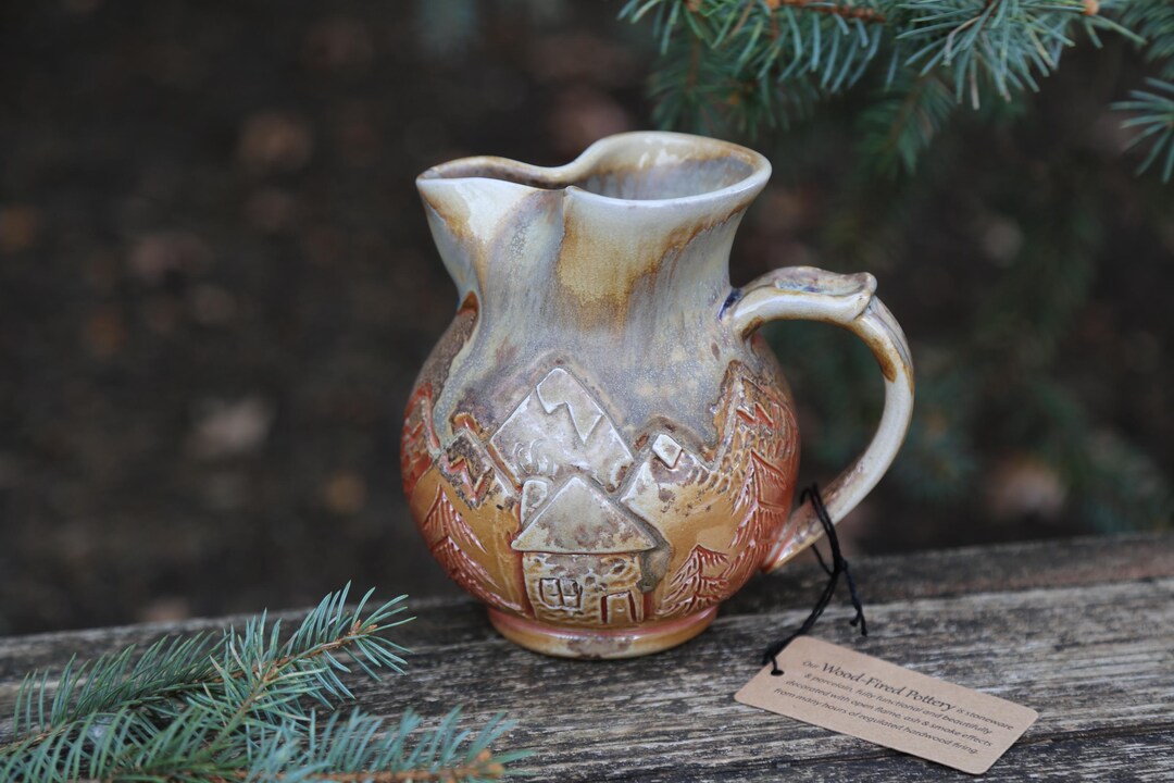 5.5 Wood Fired Pottery Pitcher Ceramic Handcarved Log Cabin 3D ...