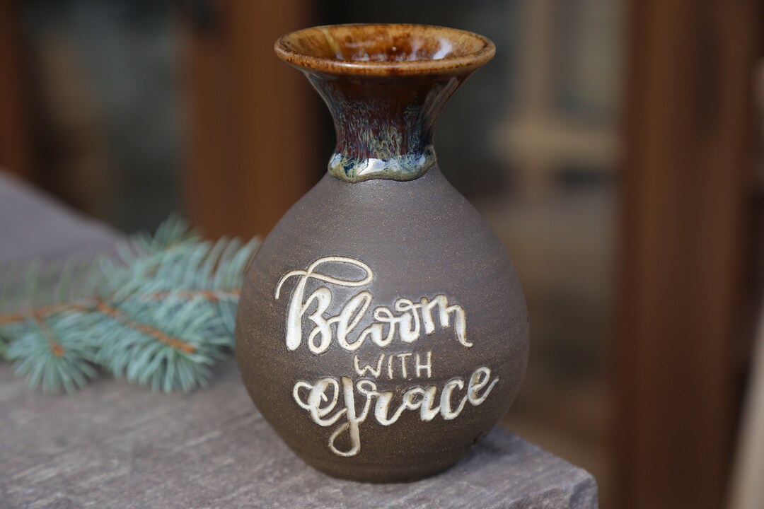 5.5 Hand Thrown Ceramic Pottery Vase Hand Carved Saying Stoneware Dried ...