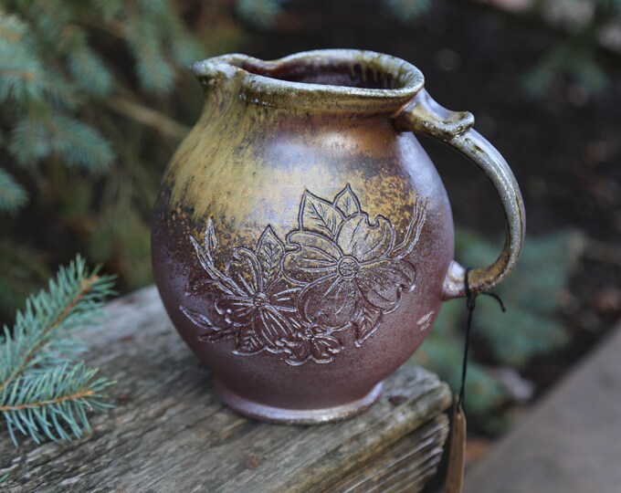 62oz Hand Carved Ceramic Pitcher Dogwood Flower Spring Wood Fired ...