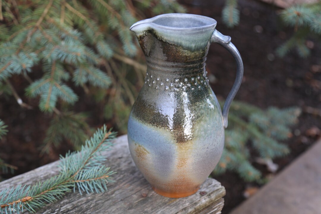 53 Oz Hand Carved Ceramic Pitcher Flower Fall Harvest Woodfired Pottery ...