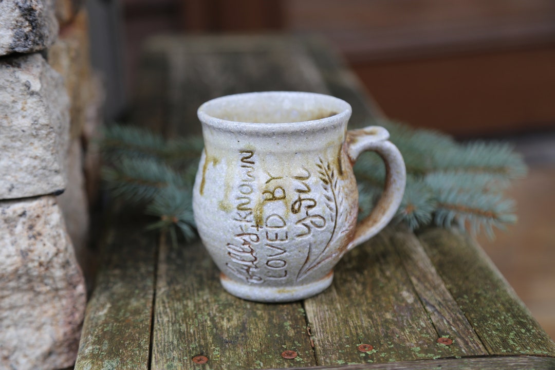 13oz Hand Carved Ceramic Mug Wheat Scripture Wood Fired Pottery Orange ...