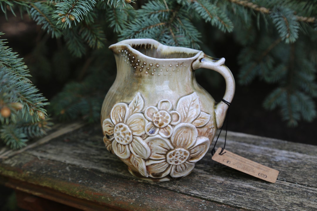 Handmade Ceramic Pitcher Flower Daisy Wood Fired Pottery Grey Green ...