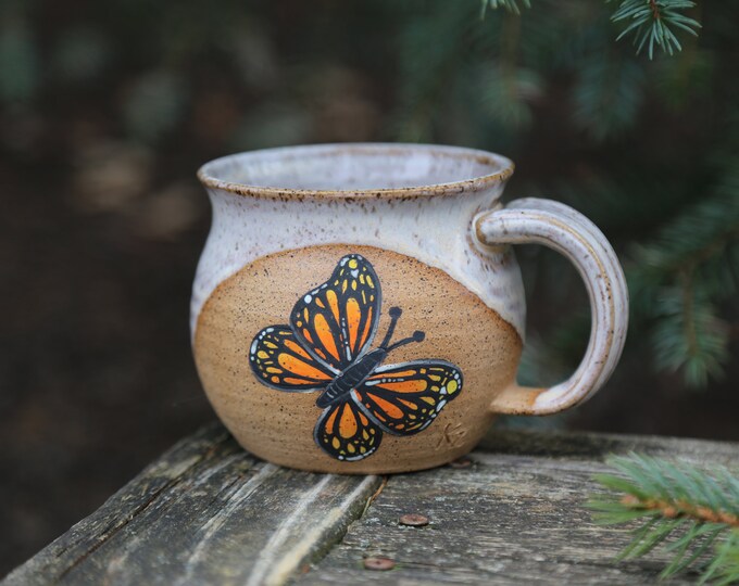 13oz Hand Painted Ceramic Pottery Butterfly Flower Mug Stoneware White ...