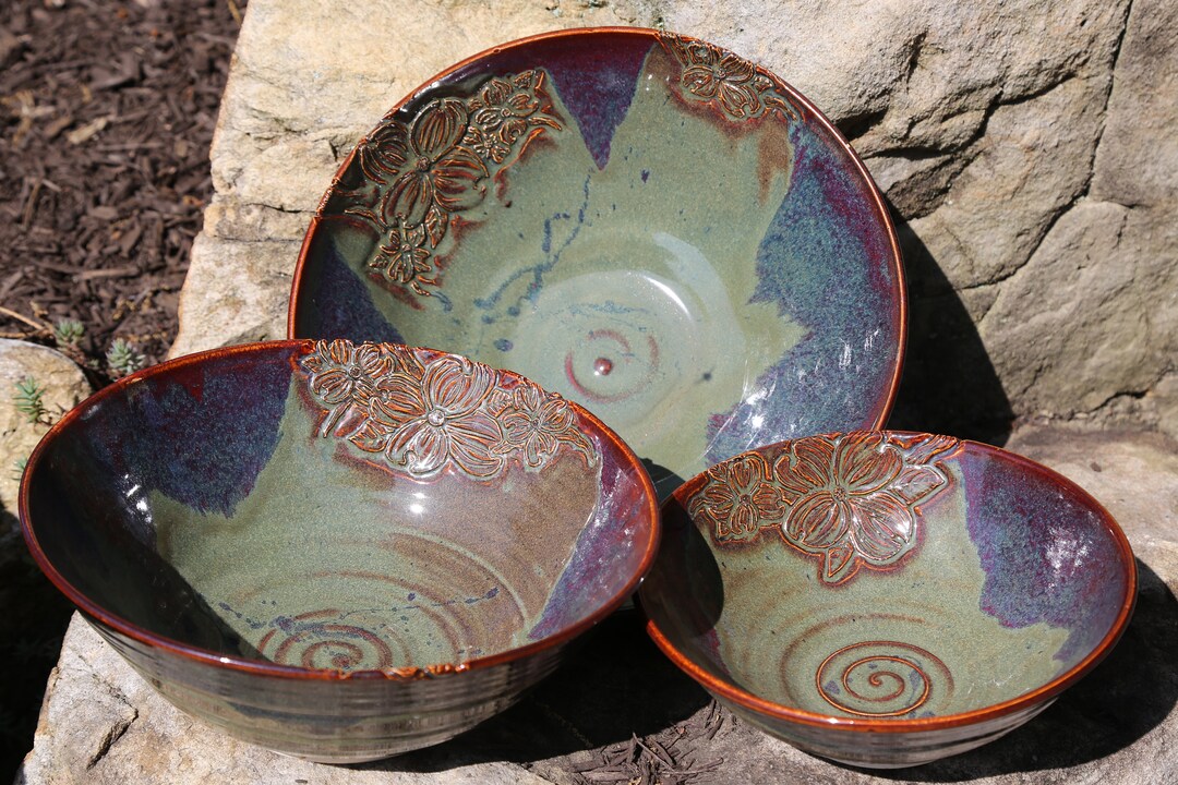 3 Piece Hand Carved Ceramic Nesting Bowl Set Collectors Items - Etsy