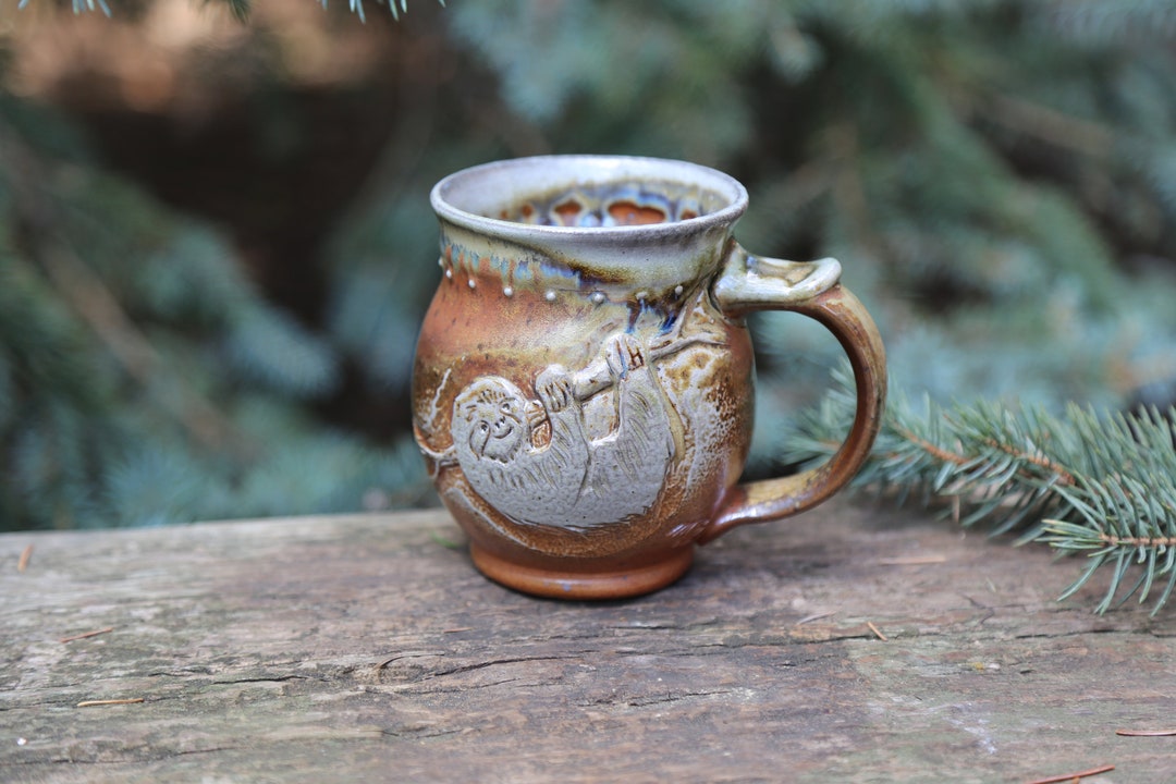 12-14oz Hand Carved Ceramic Sloth Wood Fired Pottery Mug Porcelain ...