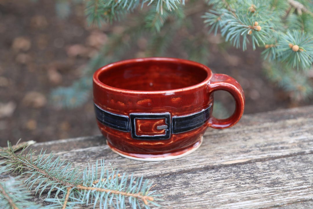 Hand Carved Santas Belt Pottery Mug Soup Bowl Ceramic Coffee Cup Cream ...