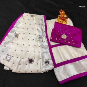 Onam Dress Kerala Davani Material 3 Pcs - 6 Mirrors Stitched on Shawl ...