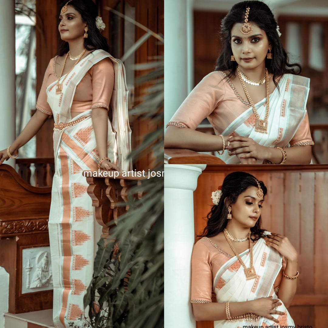 Kerala Special Cotton Copper Silver Temple Set Mundu With Stitched ...