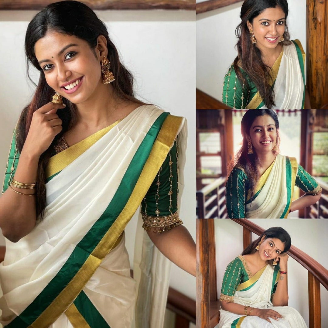 Kerala Roshni Double Border Cotton Set Mundu With Blouse Material ...