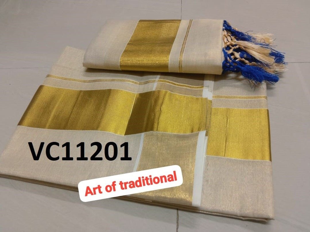 Kerala Special Golden Tissue Set Mundu 2.80 Mtr With Tassels,beautiful ...
