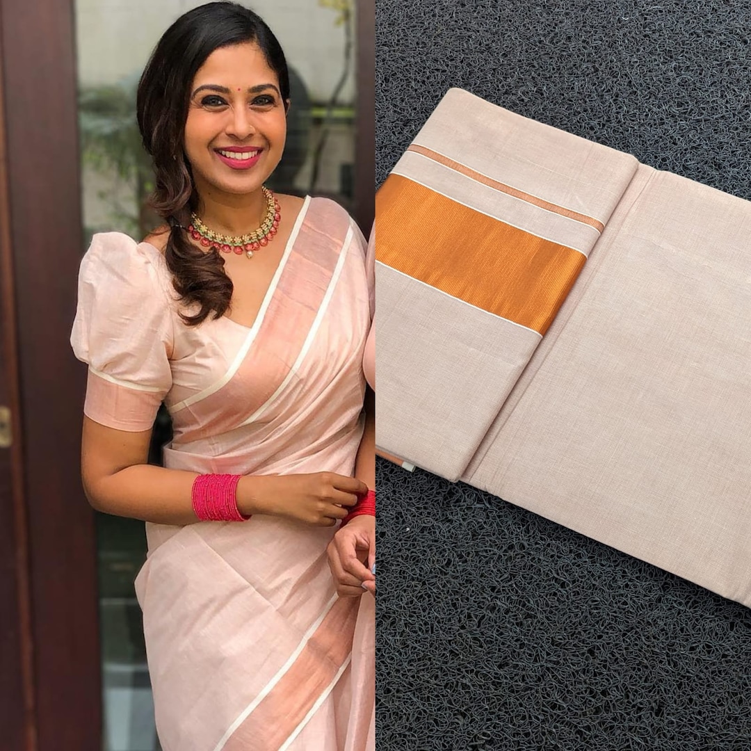 Onam Dress, Kerala Copper Tissue Saree With Blouse Material or Ready to ...