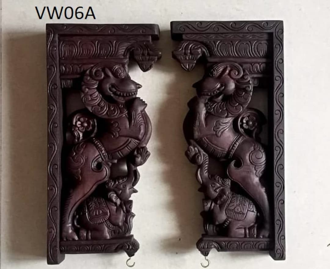 Wooden Hand Carved Wall Bracket Pair, Wooden Dragon Yali, Yazhi, Vyali ...