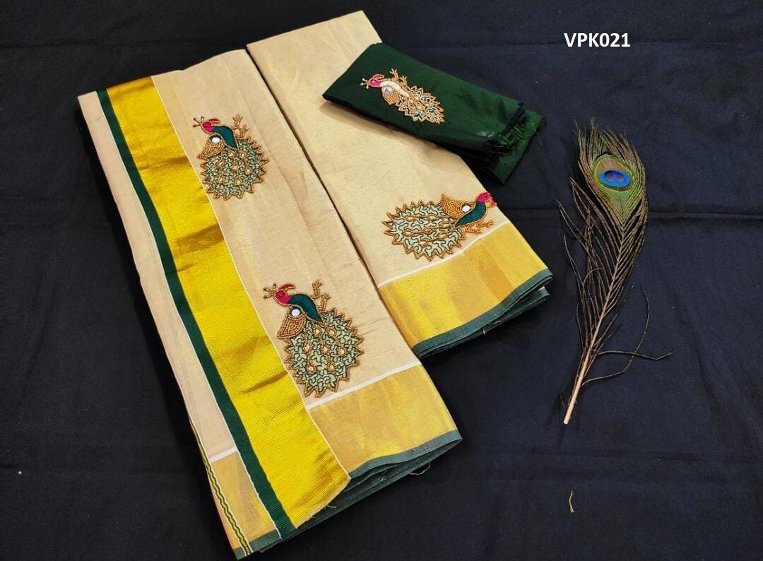 Premium Quality Kerala Golden Tissue Set Mundu With Blouse Material ...