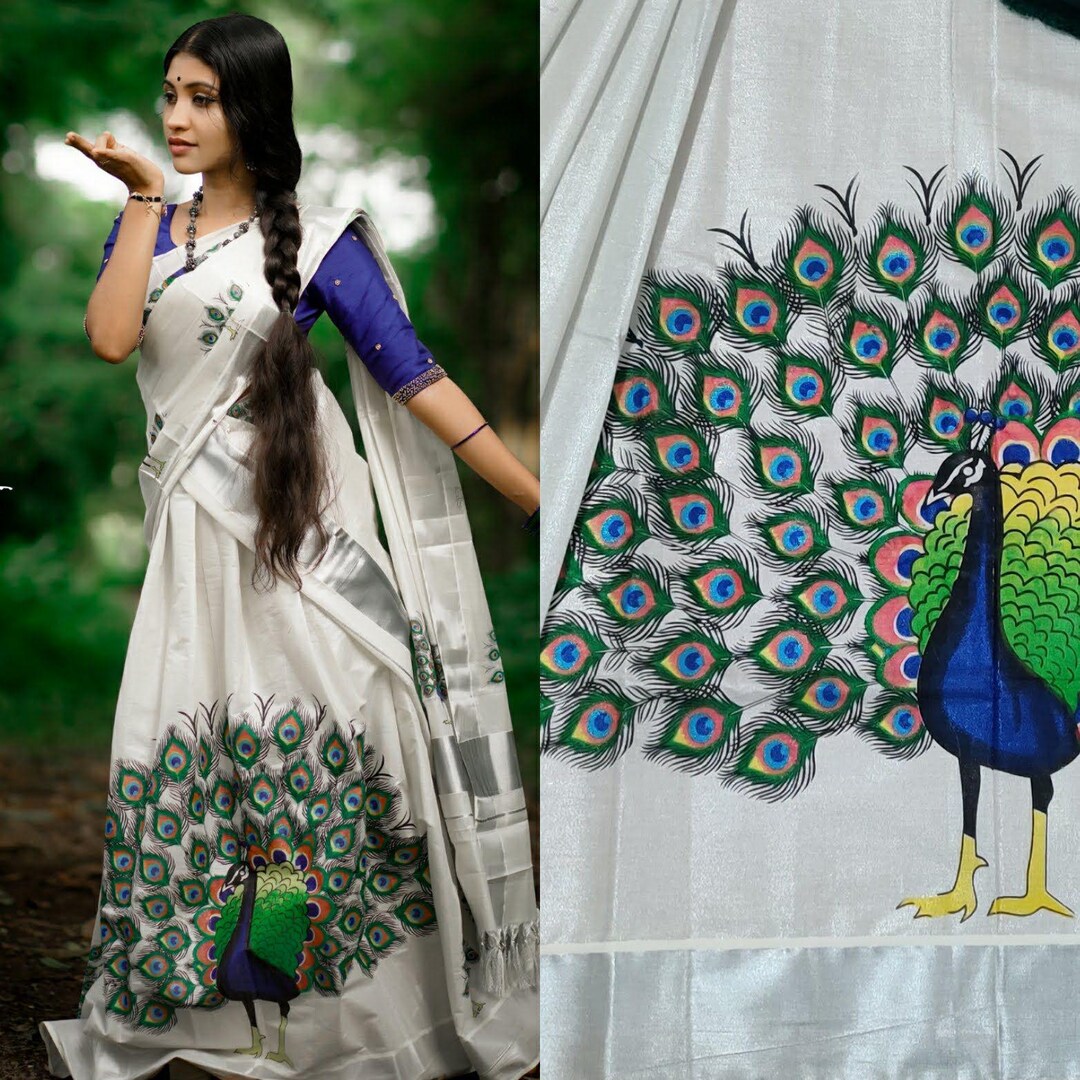 Kerala Traditional Silver Tissue Peacock Printed Davani Set, Skirt ...