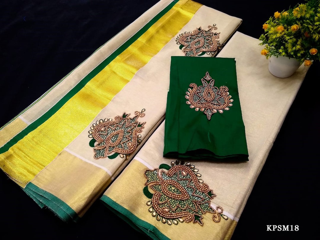 Kerala Tissue Set Mundu With Blouse Material / Indian Traditional Women ...